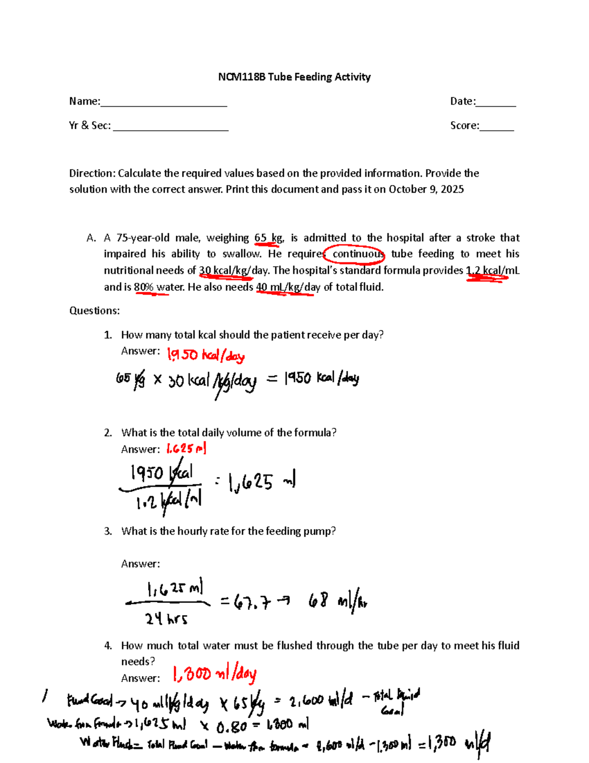 NCM118B Tube Feeding Activity: Calculation Solutions and Answers - Studocu