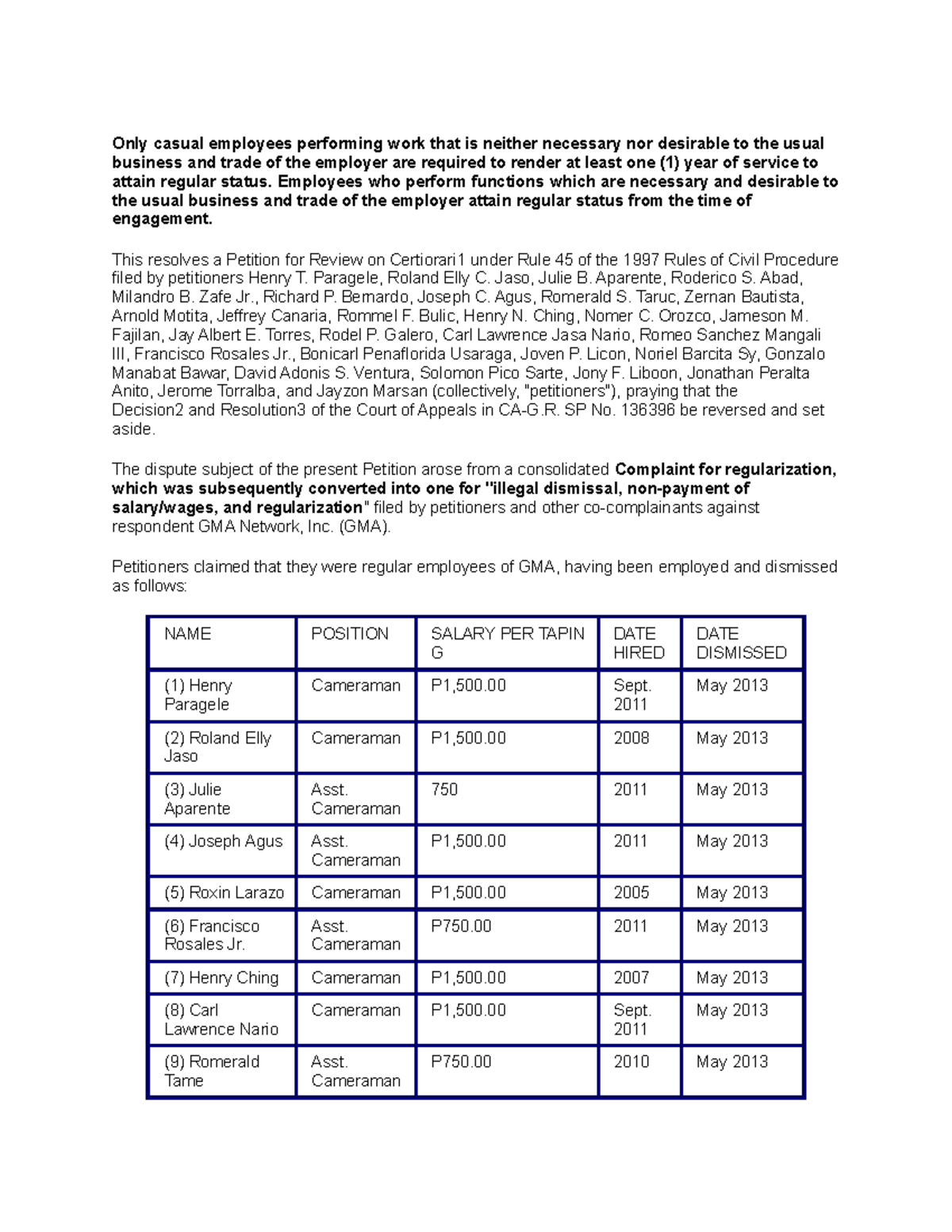 Case Study on Labor Implications in Employment Regularization - Studocu
