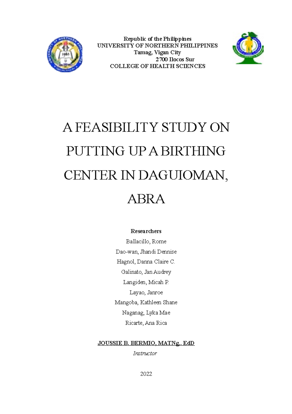 Feasibility Study Final: Establishing a Birthing Center in Daguioman ...