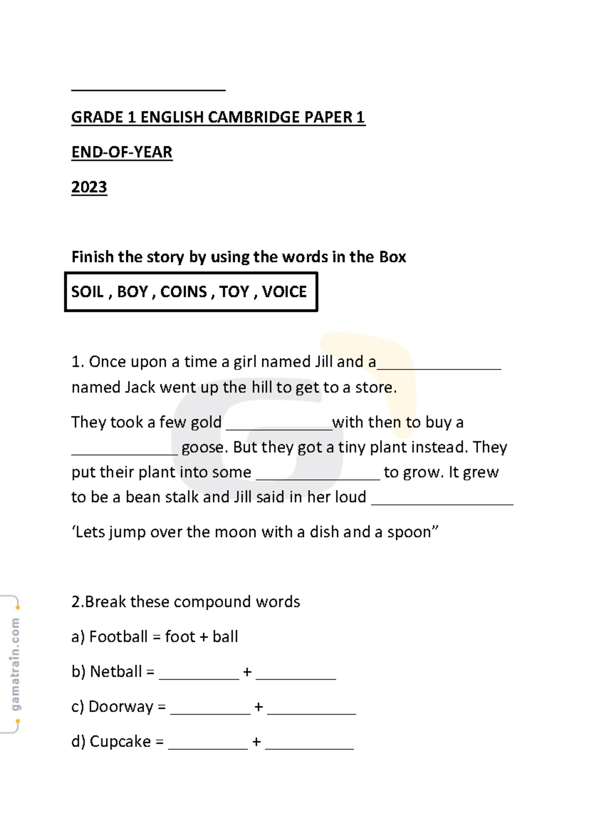 Y1 English Cambridge Paper 1 End of Year Story Completion & Exercises ...