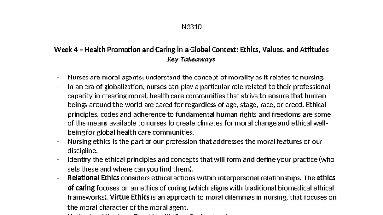 N3310 Week 4 Key Takeaways: Ethics in Global Health Promotion - Studocu