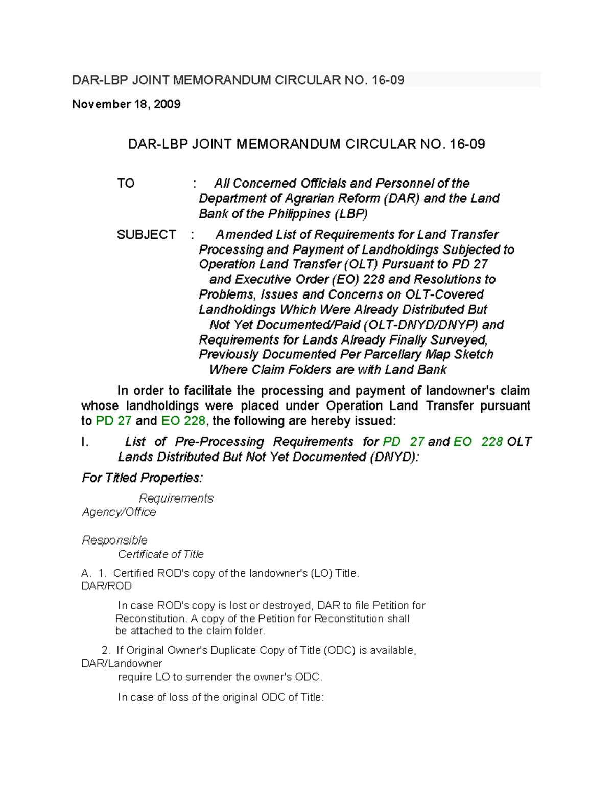 DAR Joint Memo Circular No. 2009-18: Land Transfer Processing ...