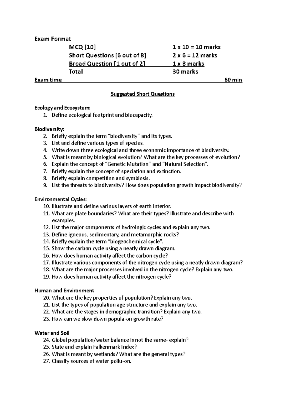 Midterm Question Bank for Ecology & Environment 2024 - Studocu