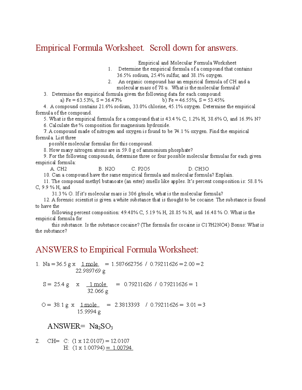 Empirical Formula Worksheet
