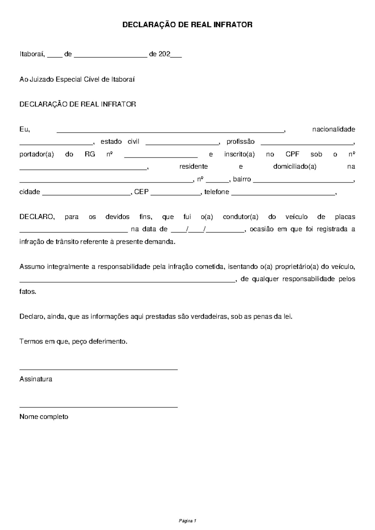 Declaração de Real Infrator - Itaboraí - Studocu