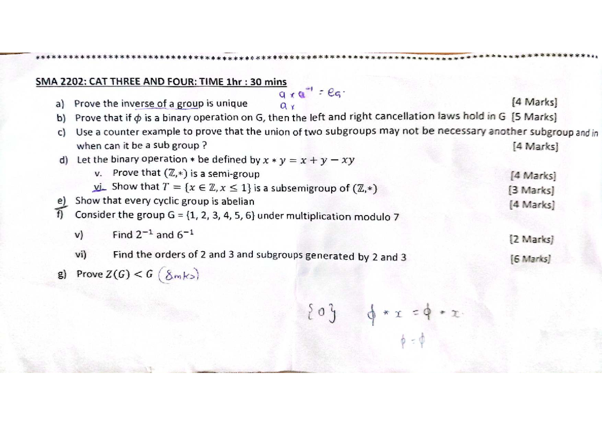 SMA 2202: CAT THREE AND FOUR - Group Theory Proofs and Examples - Studocu