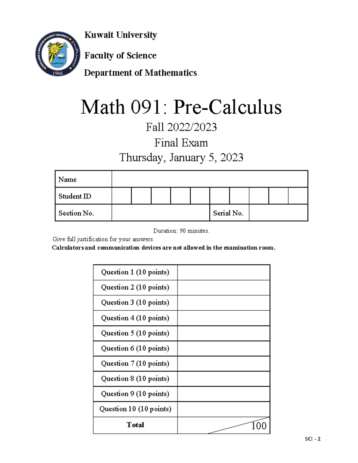 Final Exam Review: Math 091 - Pre-Calculus Past Exams - Studocu
