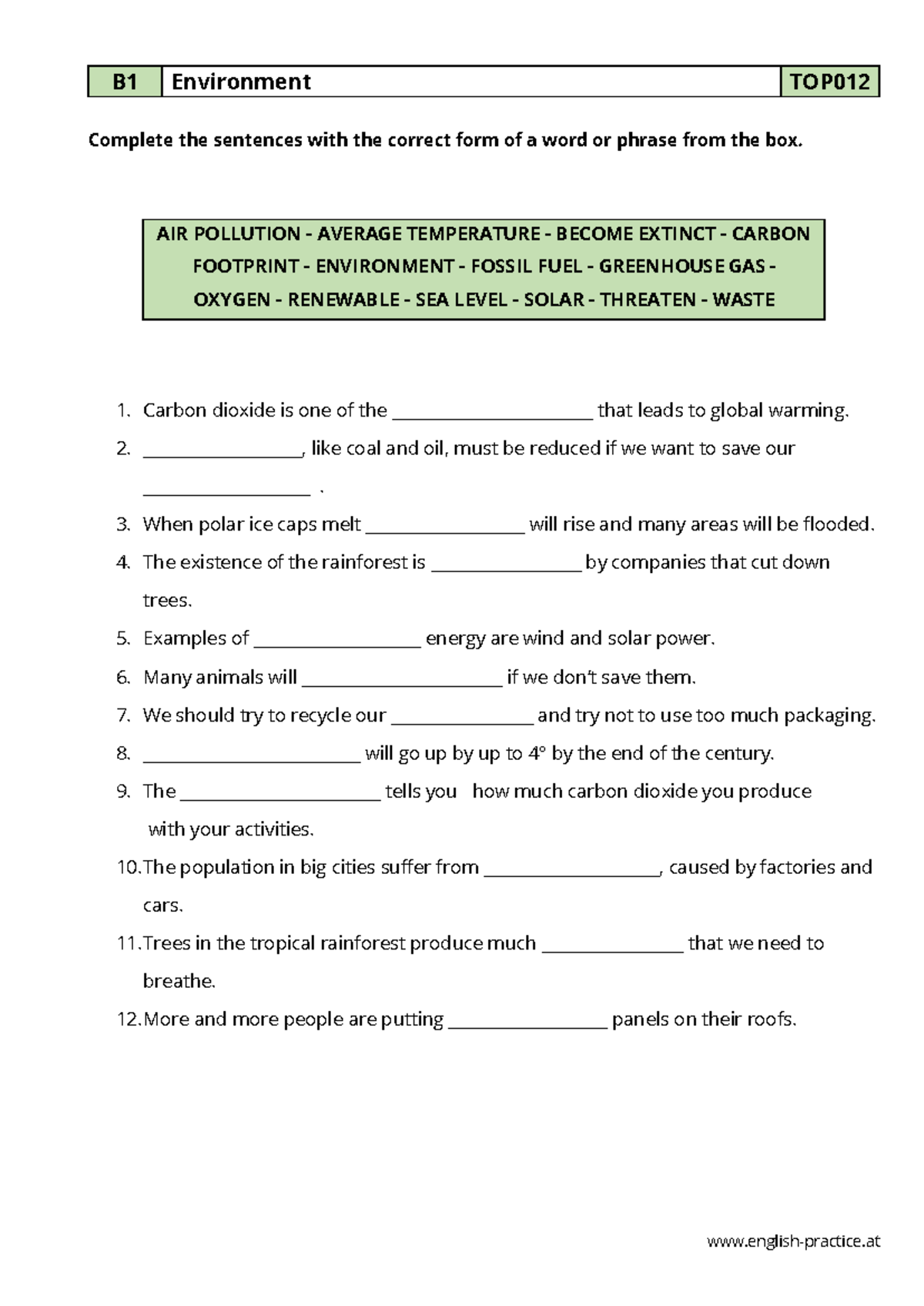 B1 Environment TOP012 Fill in the Blanks Exercise on Air Pollution ...