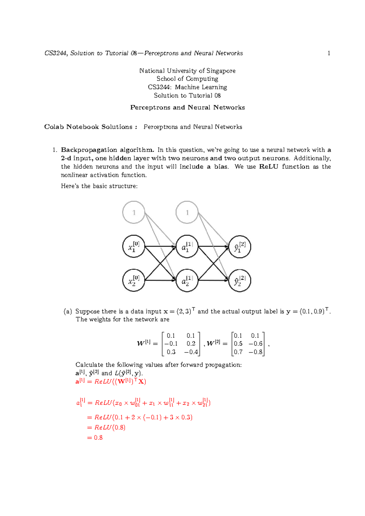 CS3244: Tutorial 08 Solutions on Perceptrons & Neural Networks - Studocu