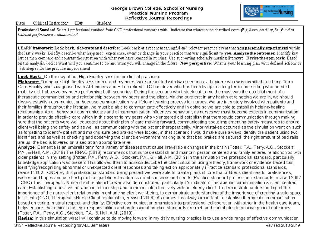 Week 4 Clinical Practicum Reflective Journal - George Brown College ...