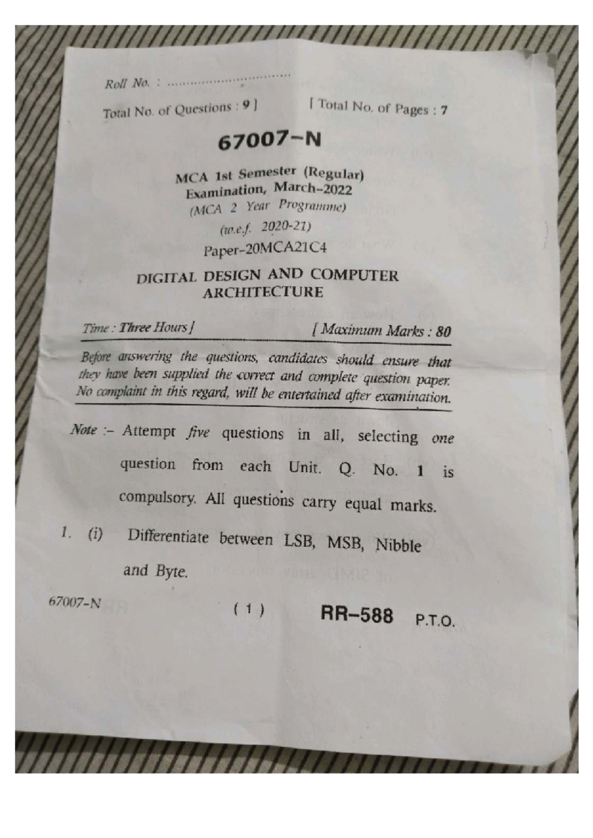 MCA 1st Sem Exam 2022: Digital Design & Computer Architecture - Studocu
