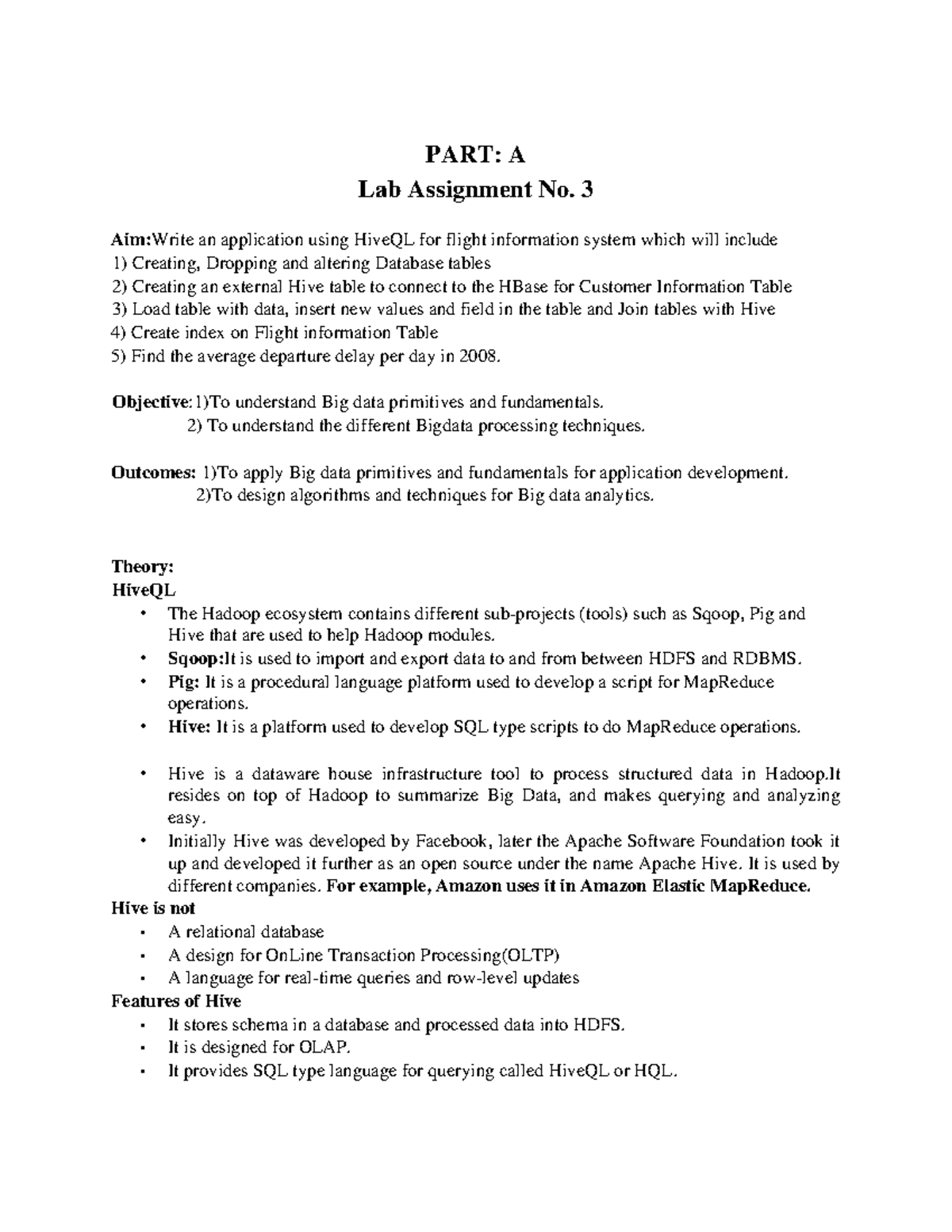 Dsbda Lab Assignment 3: HiveQL Application for Flight Info System - Studocu