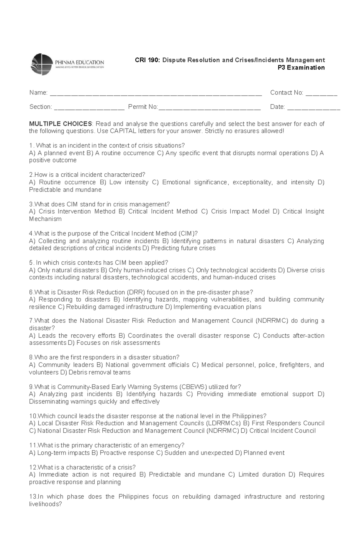 CRI 190 P3 Exam 2024 - Dispute Resolution and Crisis Management - Studocu