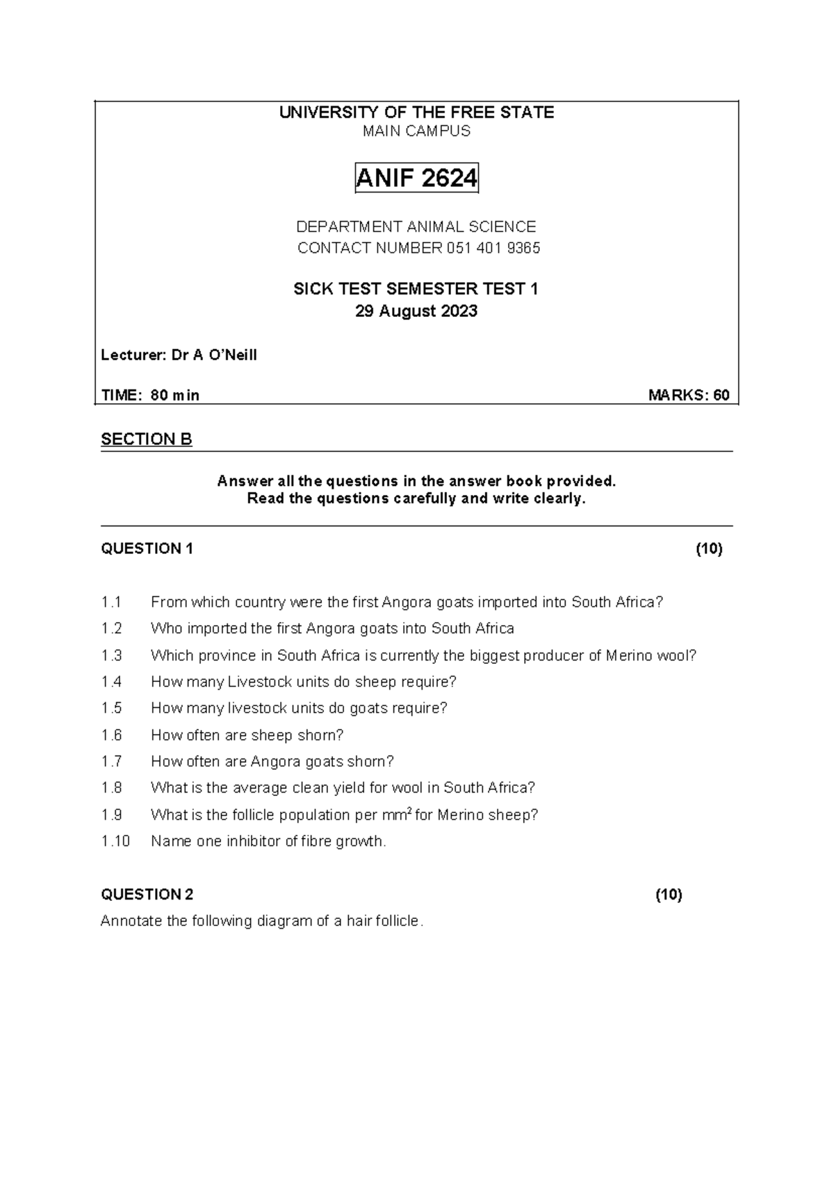 ANIF 2624 Semester Test 1: Animal Science 2023 Exam Questions - Studocu