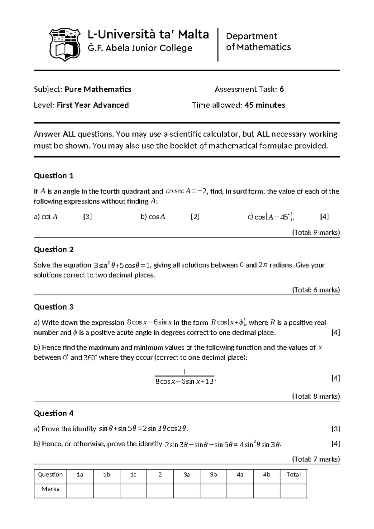 First Year Adv Pure Math Assessment Task 6 (2025-2026) - Studocu