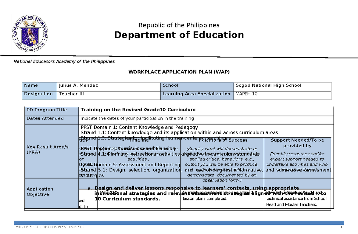 Revised G6910 Curriculum Training: Workplace Application Plan (WAP ...