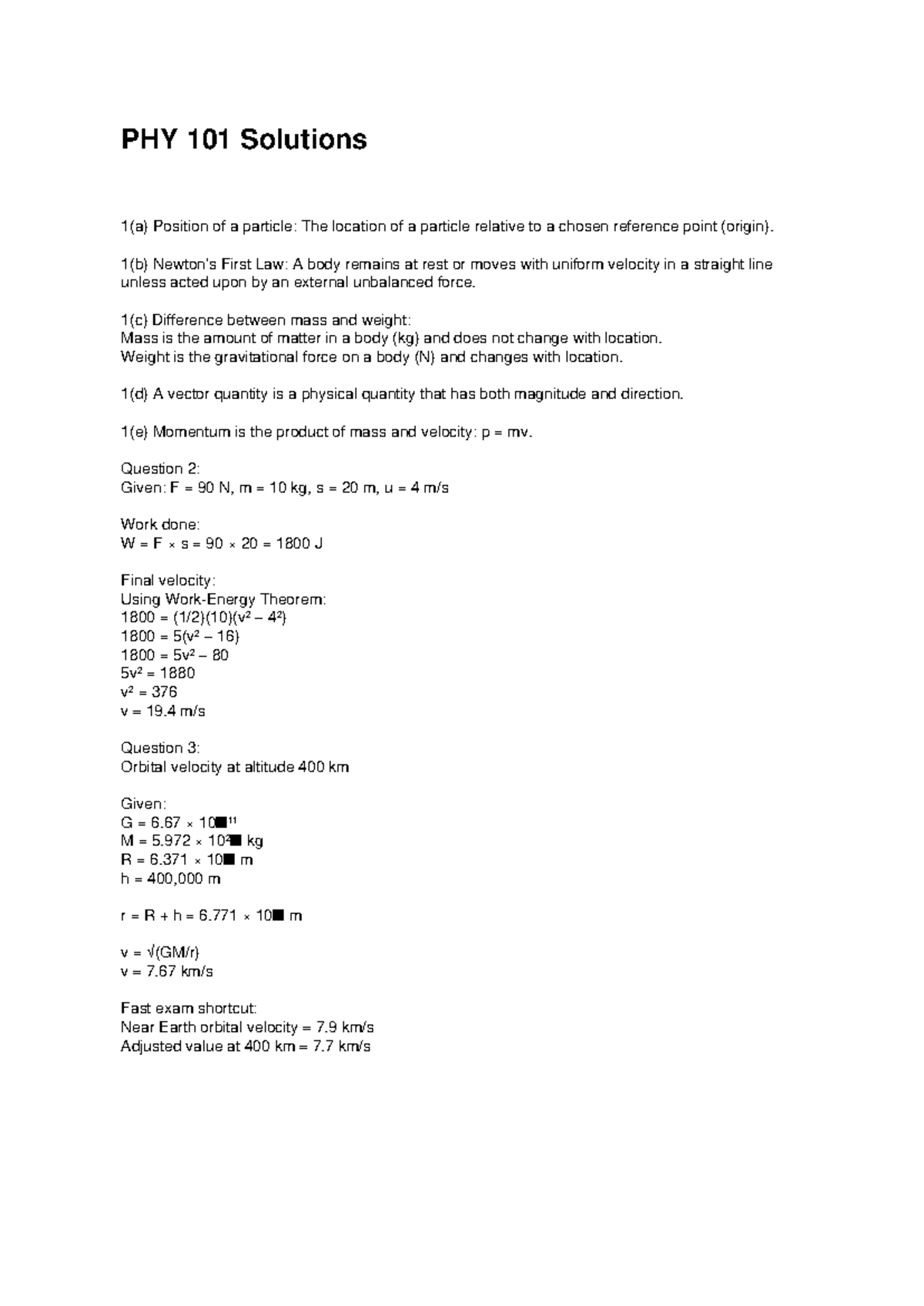 PHY 101 Solutions - Overview of Key Physics Concepts and Calculations ...