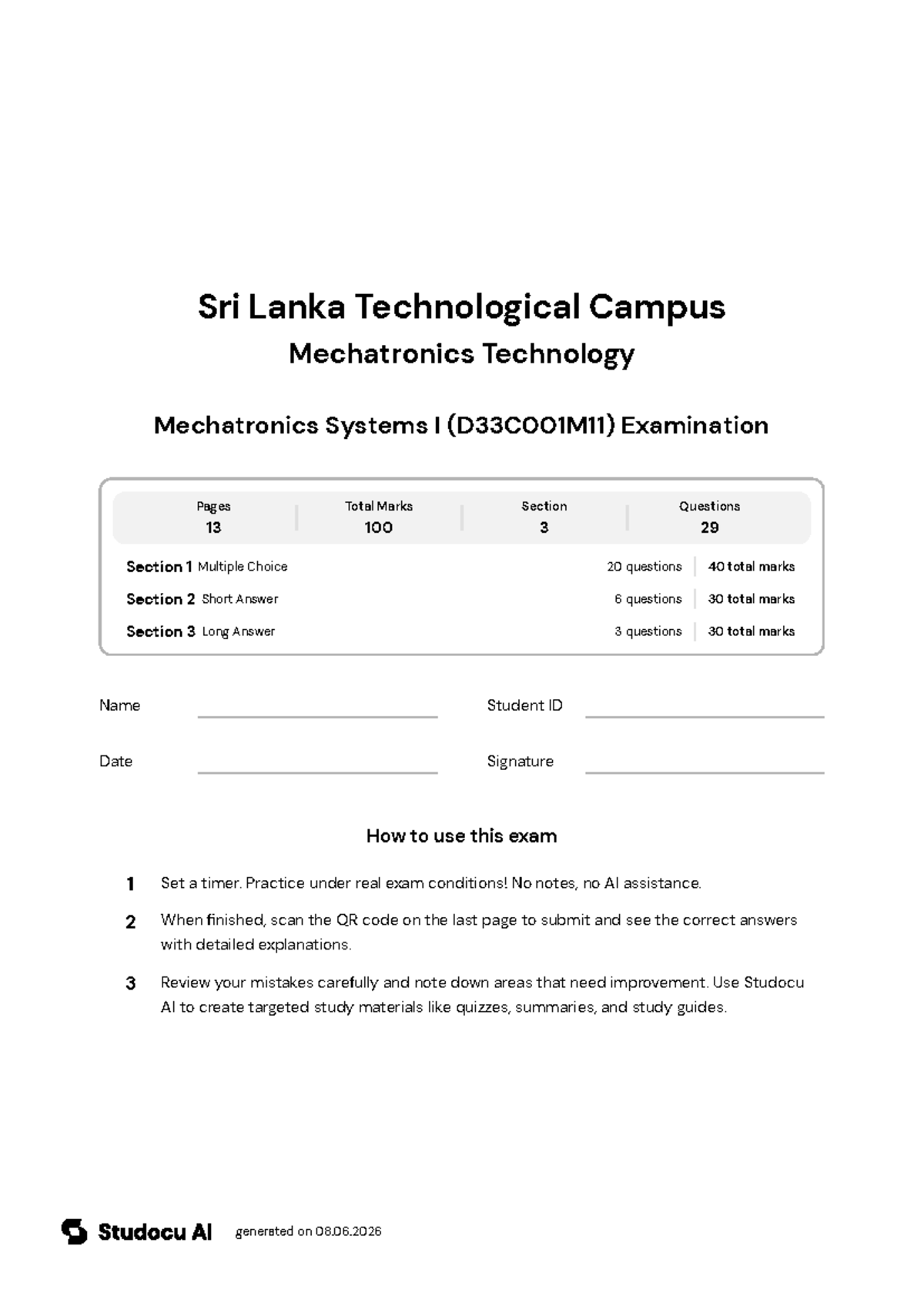 Mechatronics Systems I (D33C001M11) Final Exam - Studocu