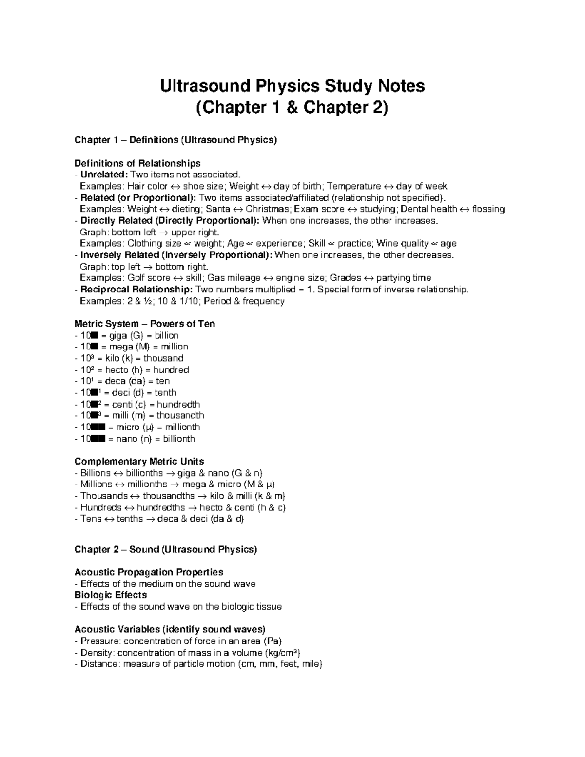 Ultrasound Physics Study Notes (Chapters 1 & 2) Overview - Studocu