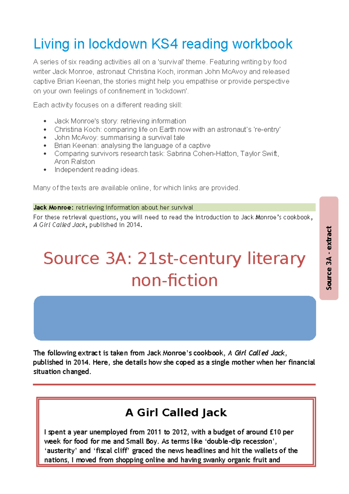 Living in Lockdown: KS4 Reading Workbook on Survival Stories - Studocu