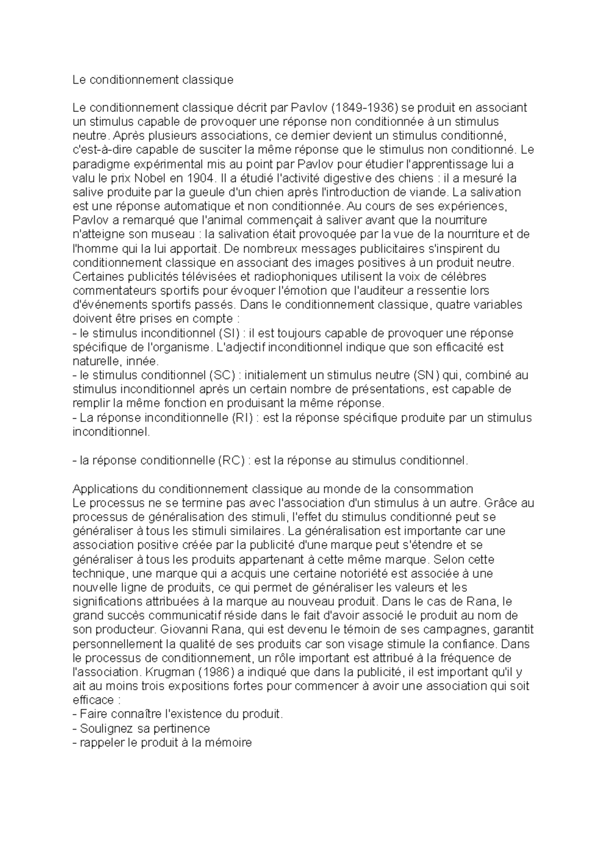 Le conditionnement classique - Après plusieurs associations, ce dernier ...