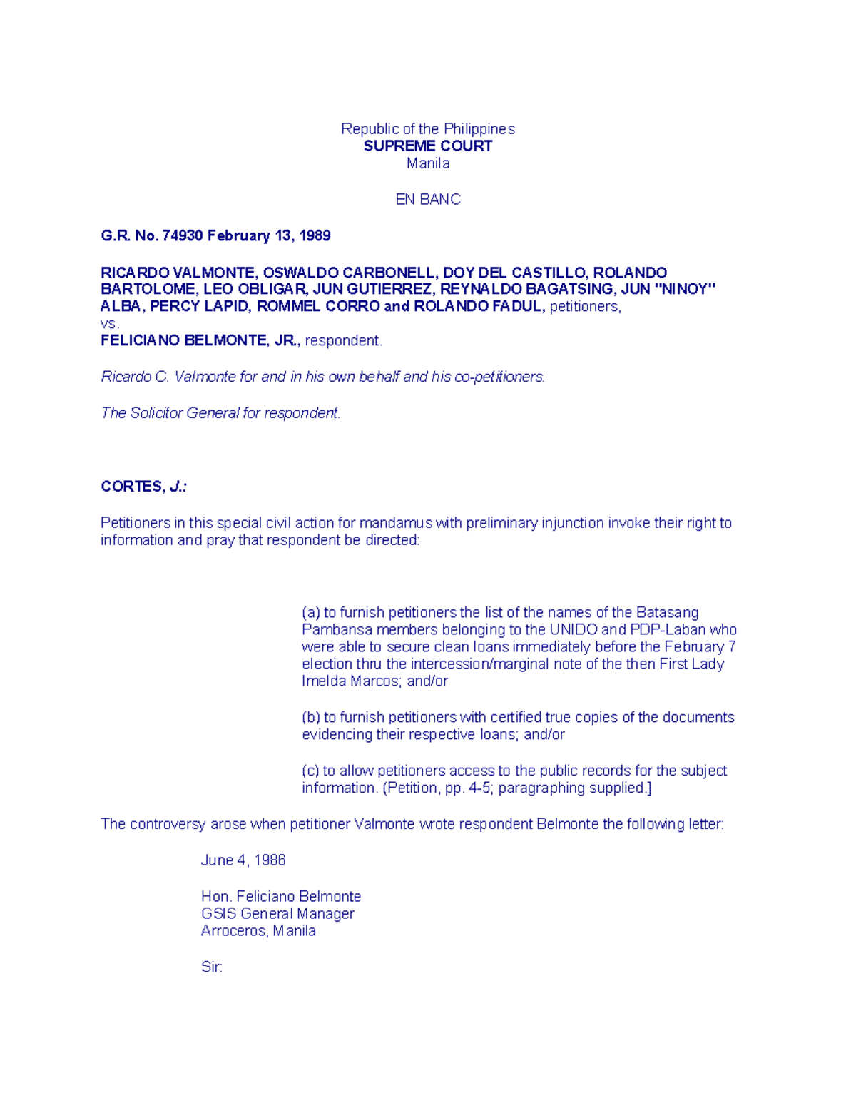 **Case Study: Valmonte vs. Belmonte (G.R. No. 74930) on Right to ...