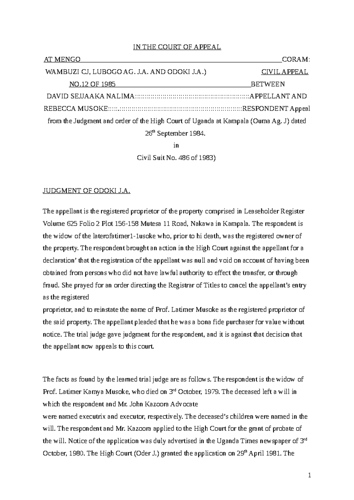 David Sajjaaka Nalima v. Rebecca Musoke: Civil Appeal No. 12 of 1985 ...