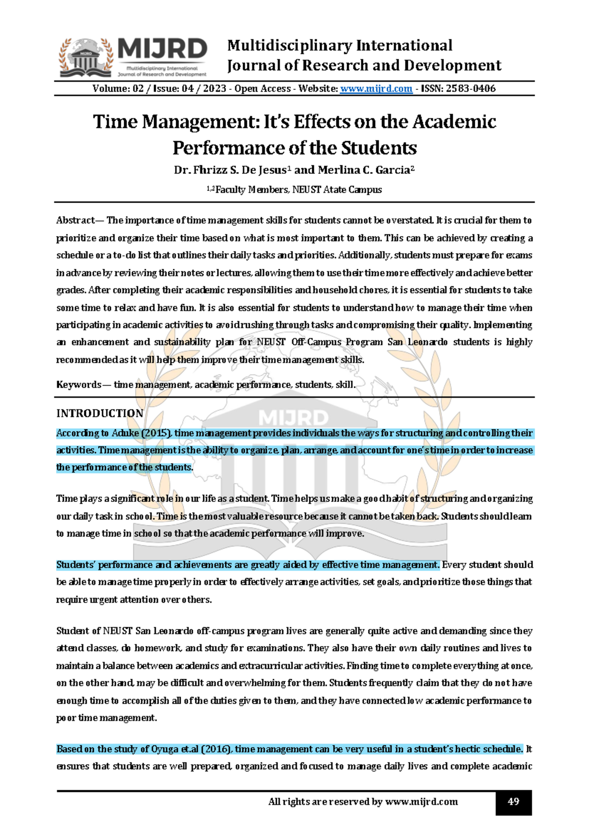 EWC661 - Effects of Time Management on Academic Performance of Students ...