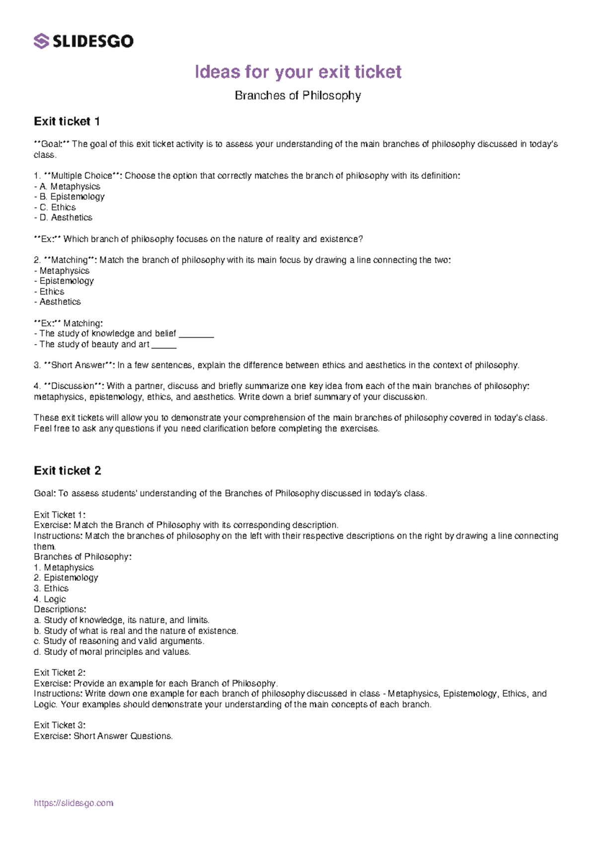 Philosophy Branches Exit Ticket - Class Assessment Activities - Studocu