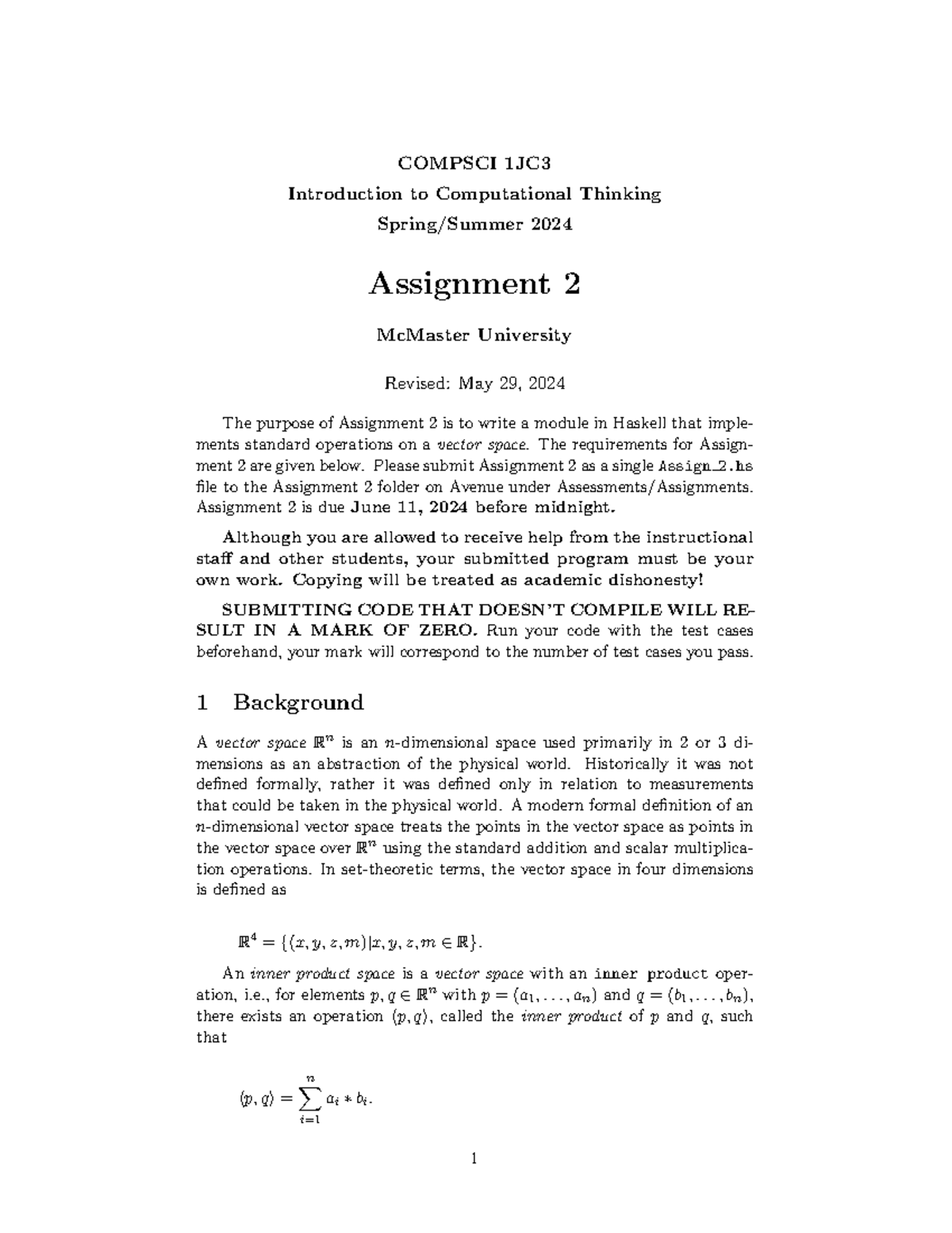COMPSCI 1JC3 Assignment 2: Haskell Module for Vector Space Operations - Studocu