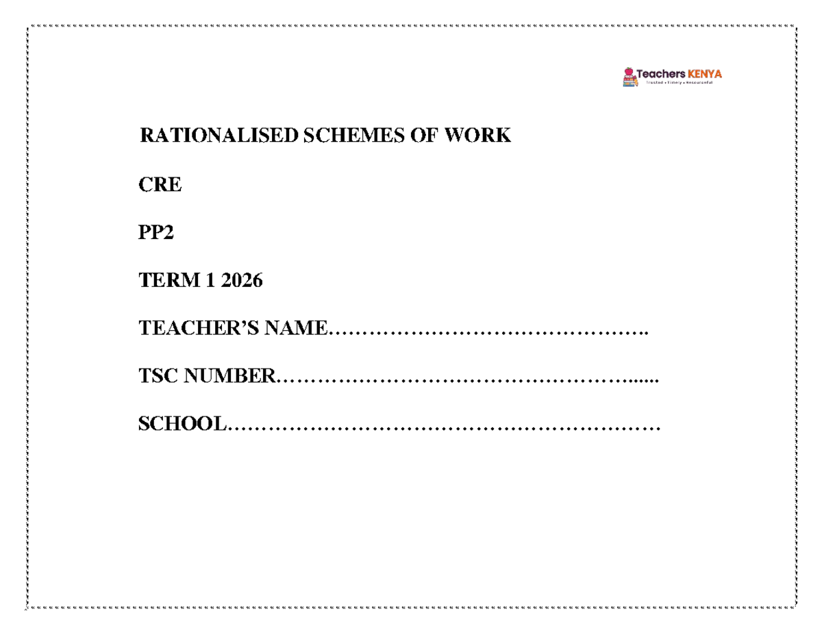 TERM 1 2026 PP2 CRE Schemes of Work: God as Provider & Healer - Studocu
