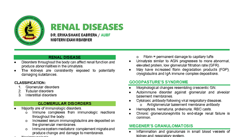 AUBF-1 - Renal Diseases Midterm Exam Reviewer - Studocu