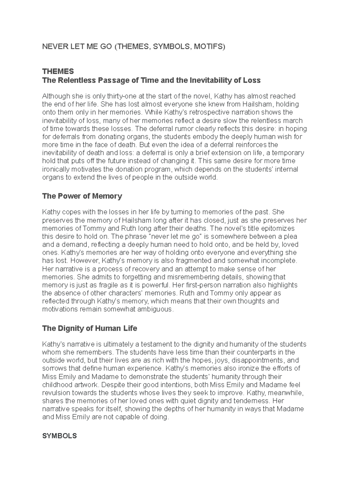 Never Let Me Go (ENG 210: Themes, Symbols & Motifs Analysis) - Studocu