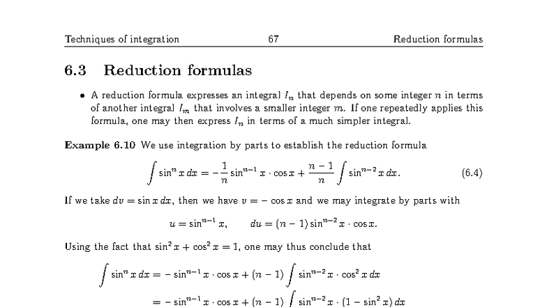 Techniques of Integration: Reduction Formulas (Week 8) - Studocu