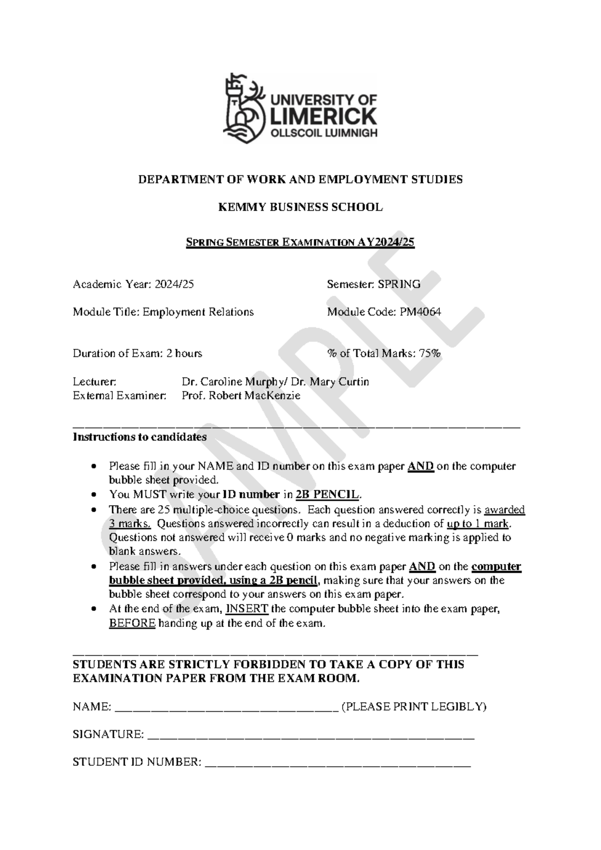 PM4064 Employment Relations Sample Exam Paper with Answers 2025 - Studocu