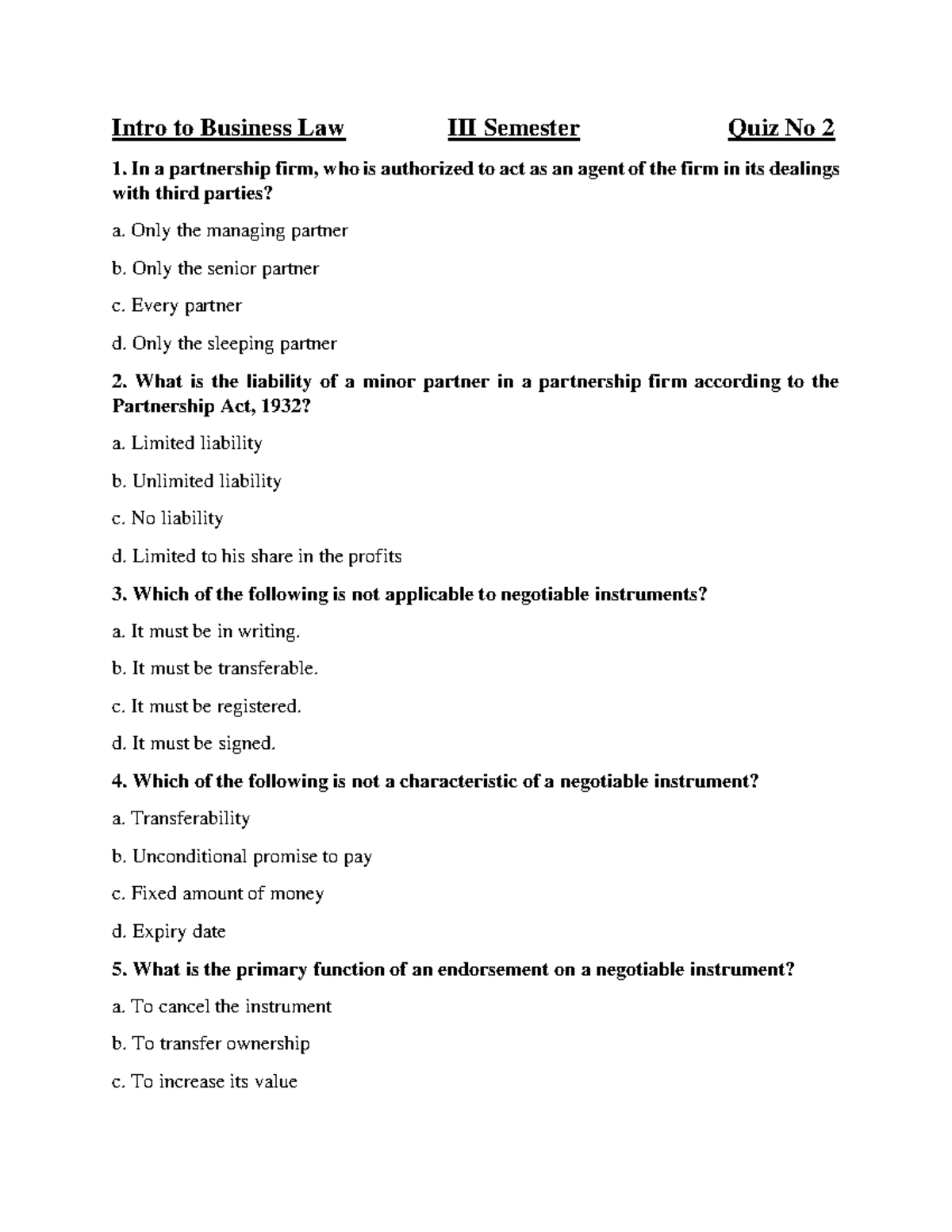 QUIZ NO 2 - Business Law III Semester Evaluation Questions - Studocu