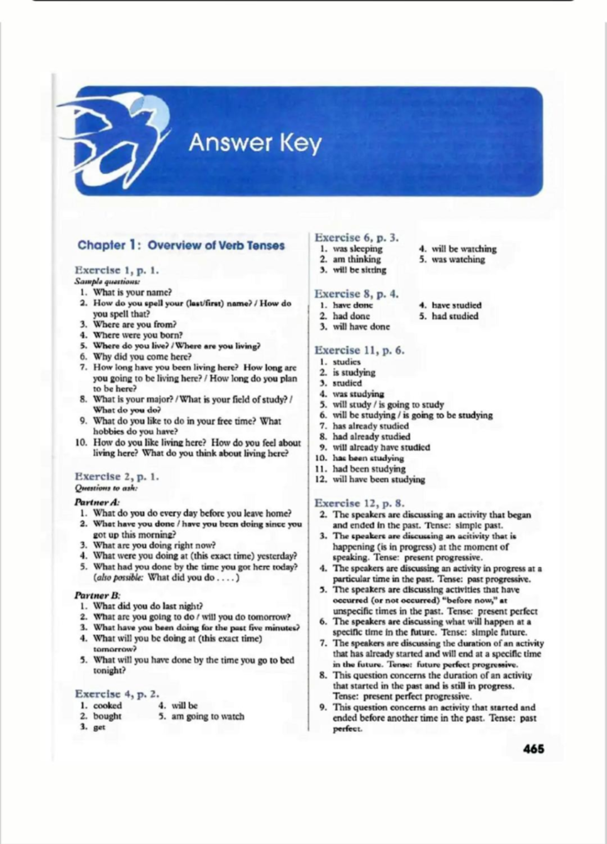Chapter 1: Overview of Verb Tenses Exercises and Answer Keys - Studocu
