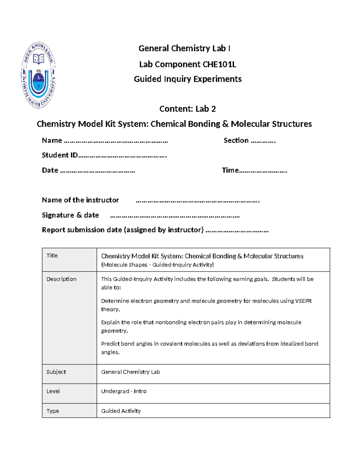 Lab 2 CHE101L Guided Inquiry: Chemical Bonding & Molecular Structures ...