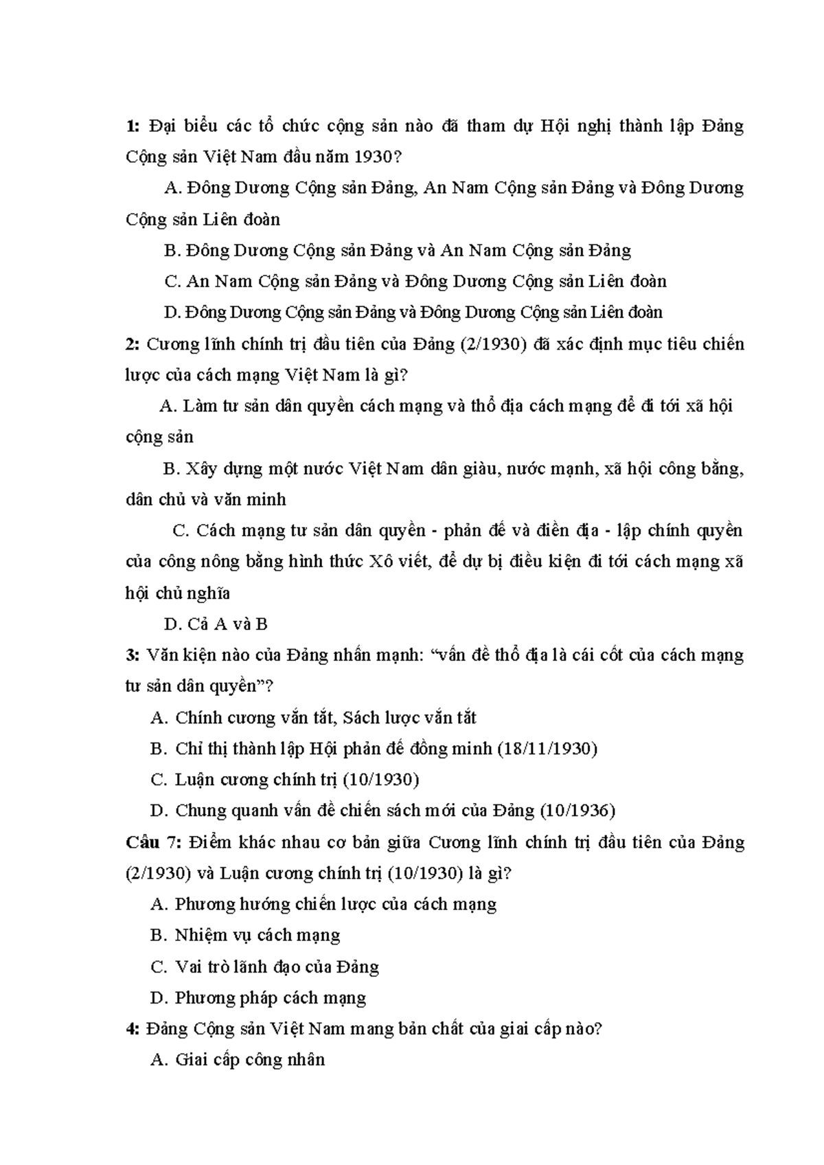 Trắc nghiệm LSĐ2: Câu hỏi về Đảng Cộng sản Việt Nam và lịch sử 1930 ...