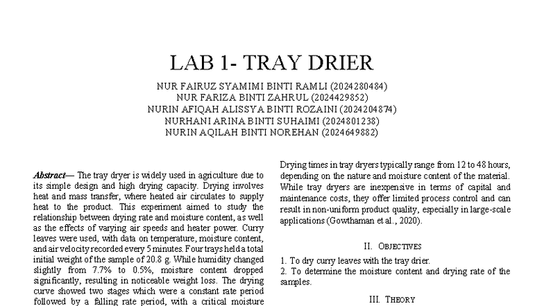 LAB 1 - Tray Dryer Experiment on Drying Curry Leaves (2024280484) - Studocu