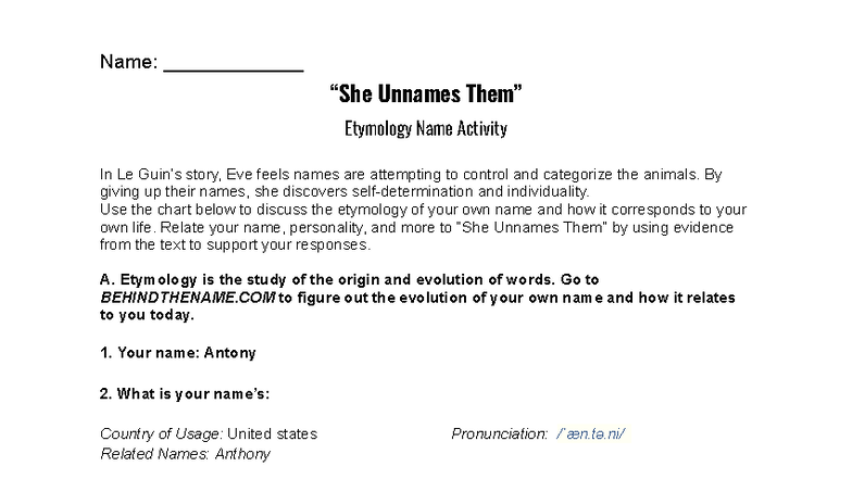 Etymology Activity: Exploring the Meaning of Names in "Unnames" - Studocu