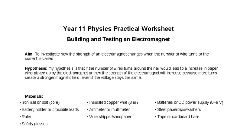 Year 11 Physics Practical: Building & Testing an Electromagnet - Studocu