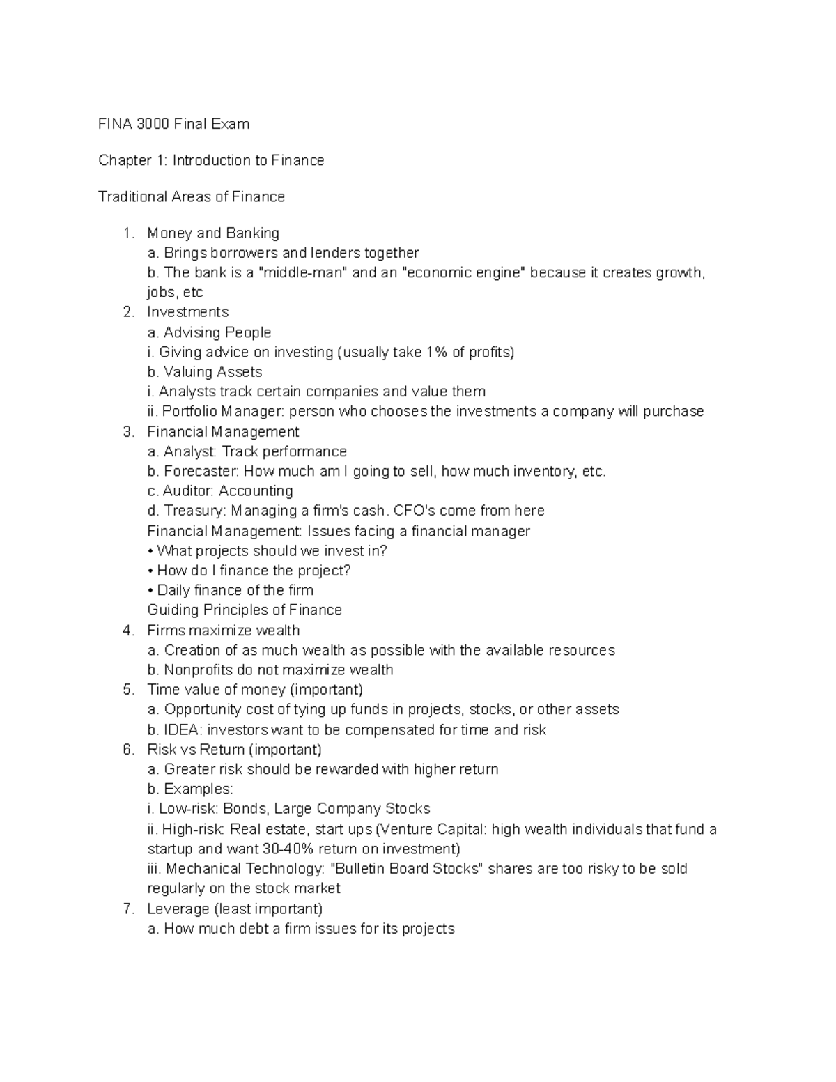 FINA Final Exam Chapter 1: Intro to Finance & Key Concepts - Studocu