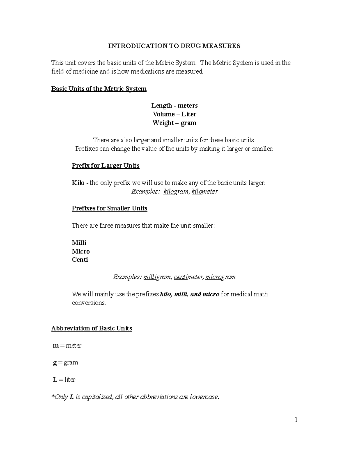 Intro to Drug Measures (MED 101) - Metric System Basics - Studocu