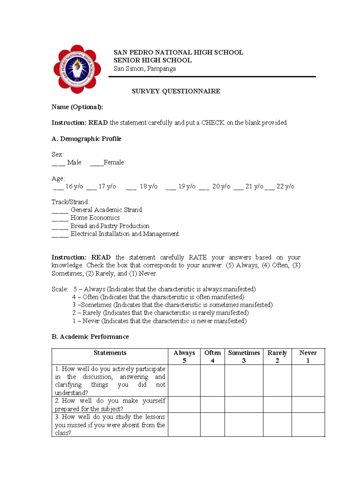 SAN PEDRO NATIONAL HIGH SCHOOL SENIOR HIGH SCHOOL Survey Questionnaire ...