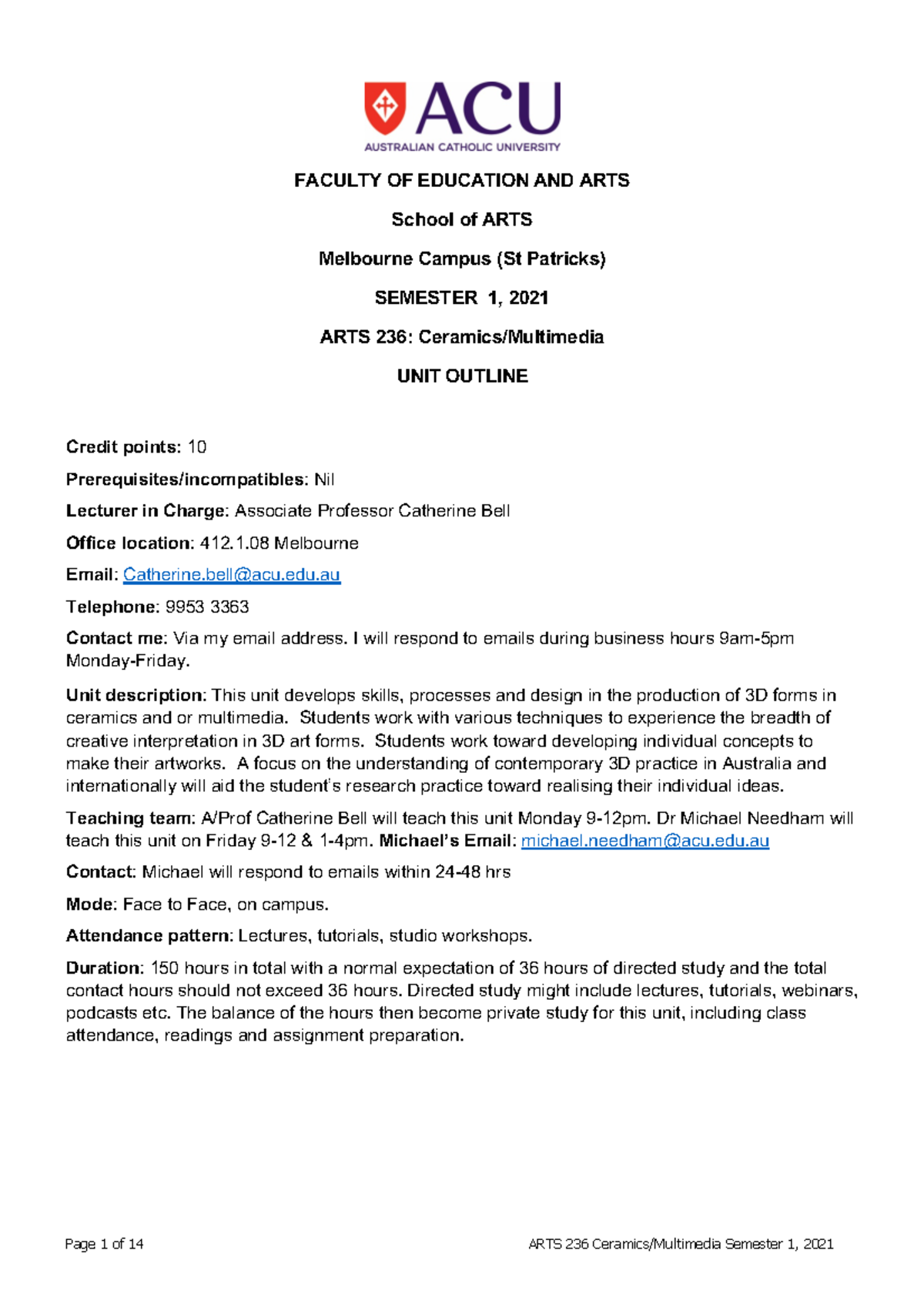 ARTS 236 Ceramics/Multimedia Unit Outline and Assessment Guide 2021 ...