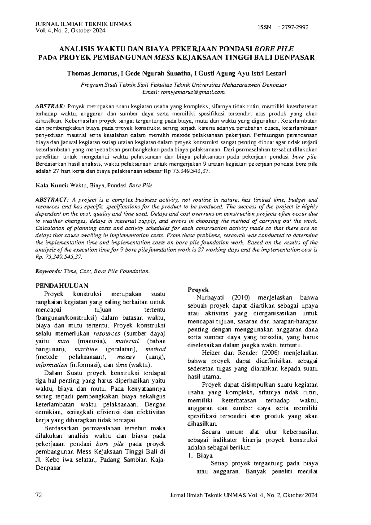 Analisis Waktu dan Biaya Pondasi Bore Pile pada Proyek Mess Kejaksaan ...