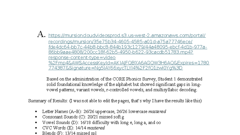 CORE Phonics Survey Results & Literacy Plan for Student 1 - Studocu