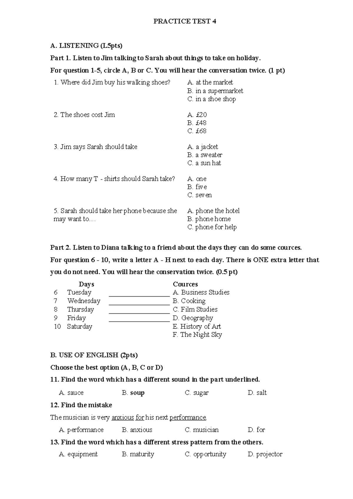 Practice Test 4: Listening & Use of English (L5pts) - Studocu