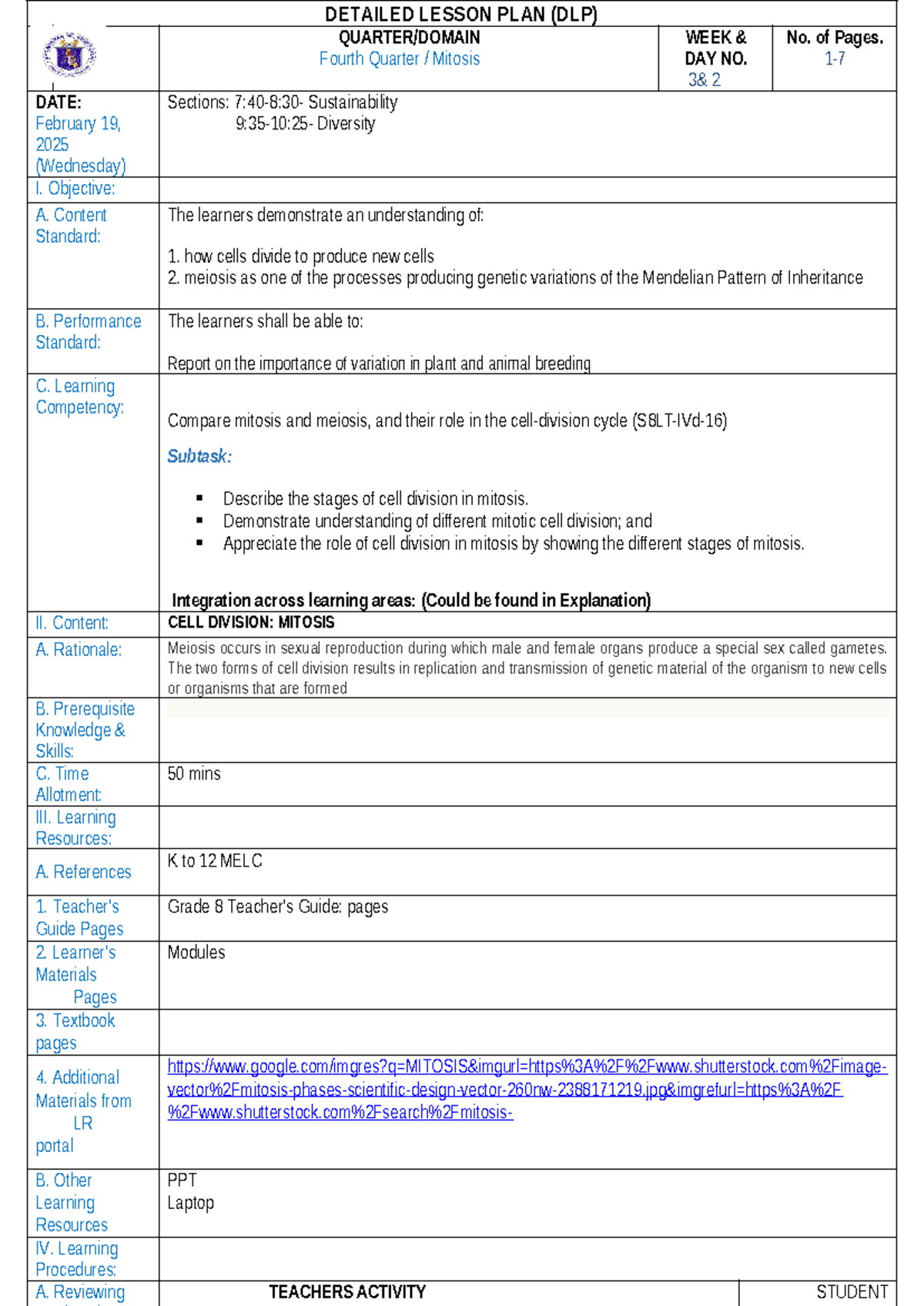 Mitosis Lesson Plan (S8LT-IVd-16) for Fourth Quarter - Studocu